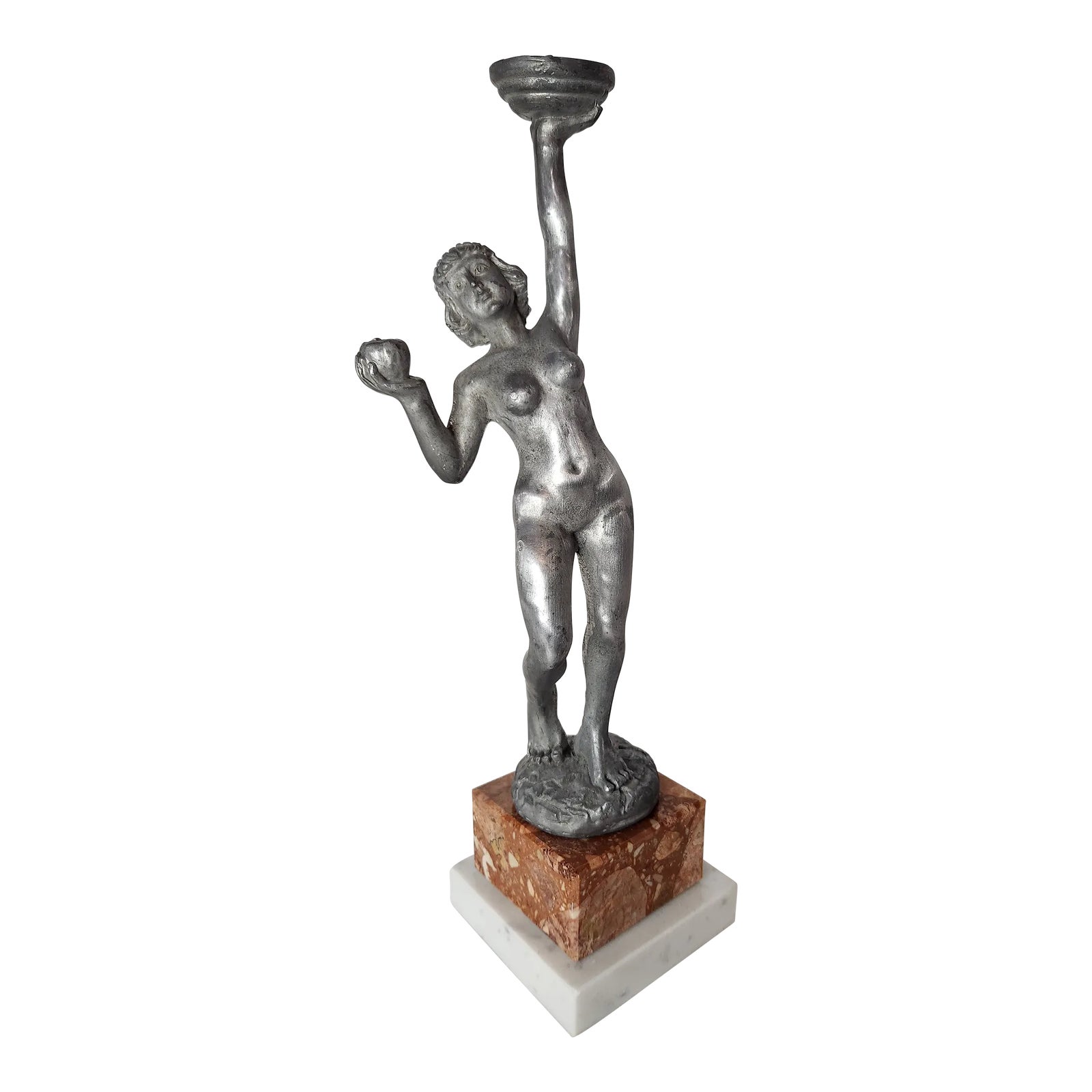 1990s Art Deco Style "Eve With Apple" Statuette Ring Caddy With Marble ...