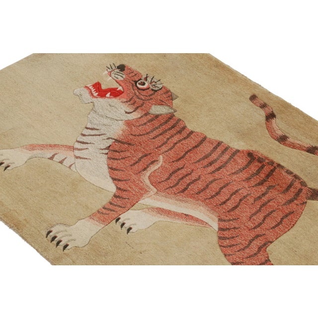 Antique Tiger Runner Rug in Beige-Brown With Red Pictorial, From Rug ...