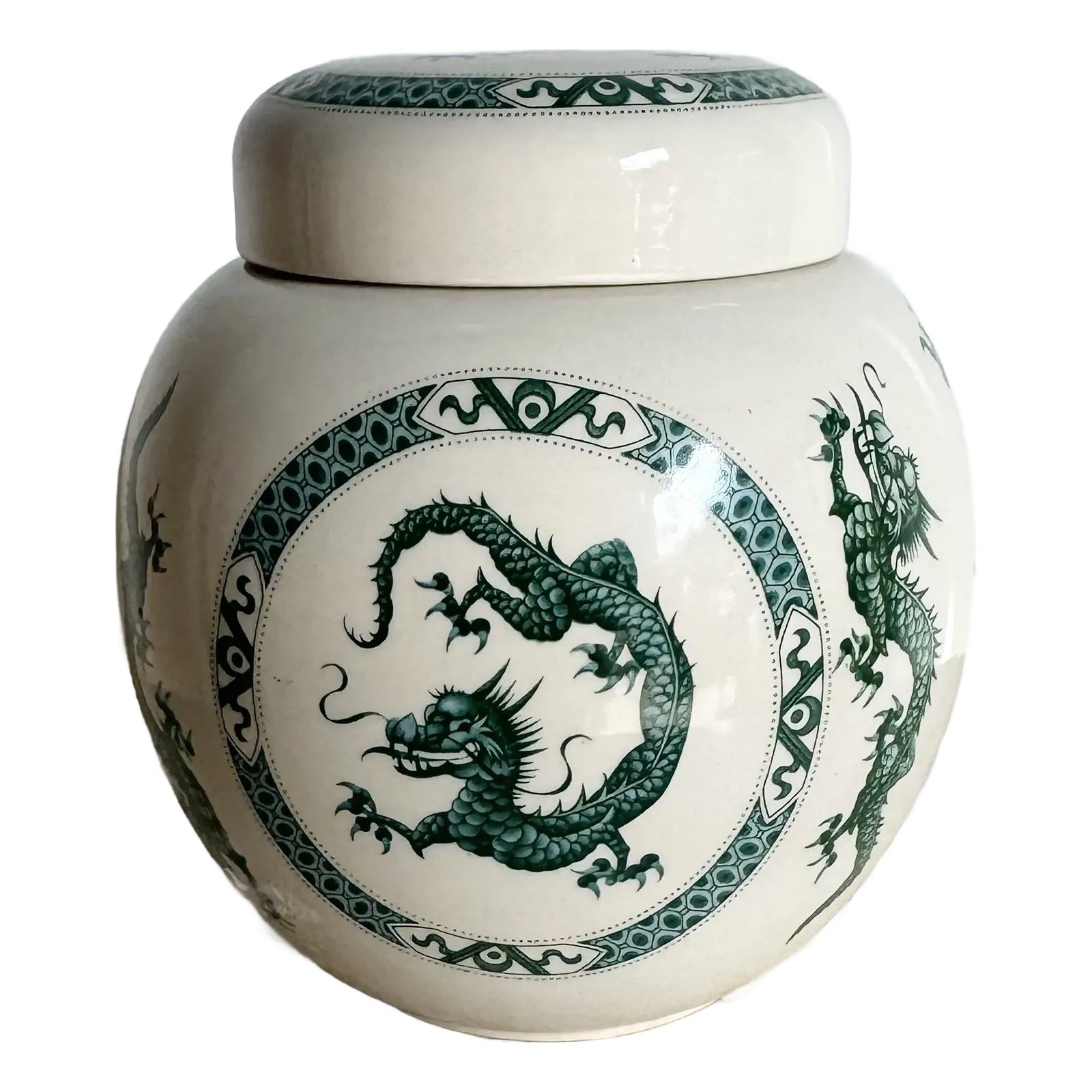 English Chinoiserie Porcelain Green Dragon Ginger Jar by Sadler | Chairish