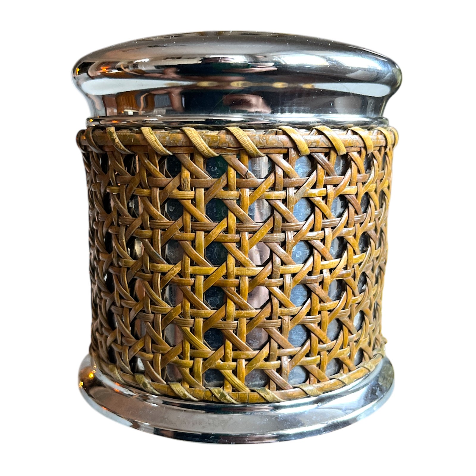 1990s Stainless Natural Cane Wrapped Canister Storage Box Jar | Chairish
