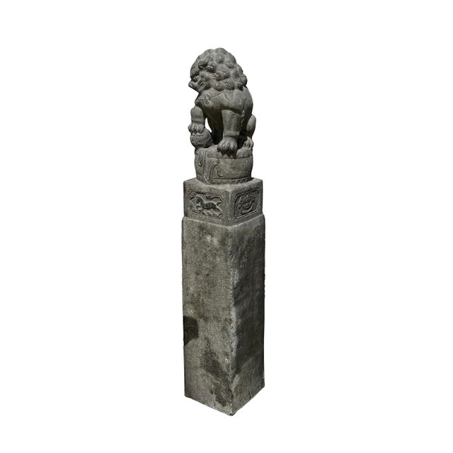 Chinese Pair Gray Stone Fengshui Foo Dogs Lion Slim Pole Statues | Chairish
