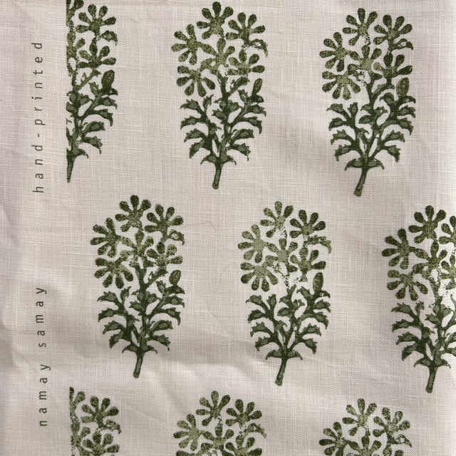 Namay Samay Alya Green Kale Hand Printed Linen Fabric- 2 Yards | Chairish