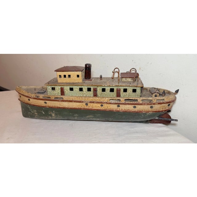 Rare Antique Handmade Carved Wood Folk Art Boat Model Tug Boat Ship ...
