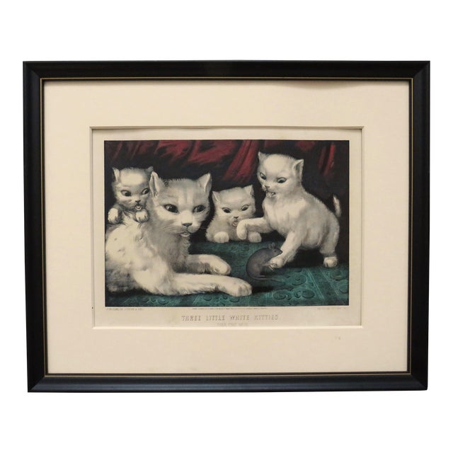 Vintage Currier & Ives 'Three Little White Kitties, Their First Mouse ...