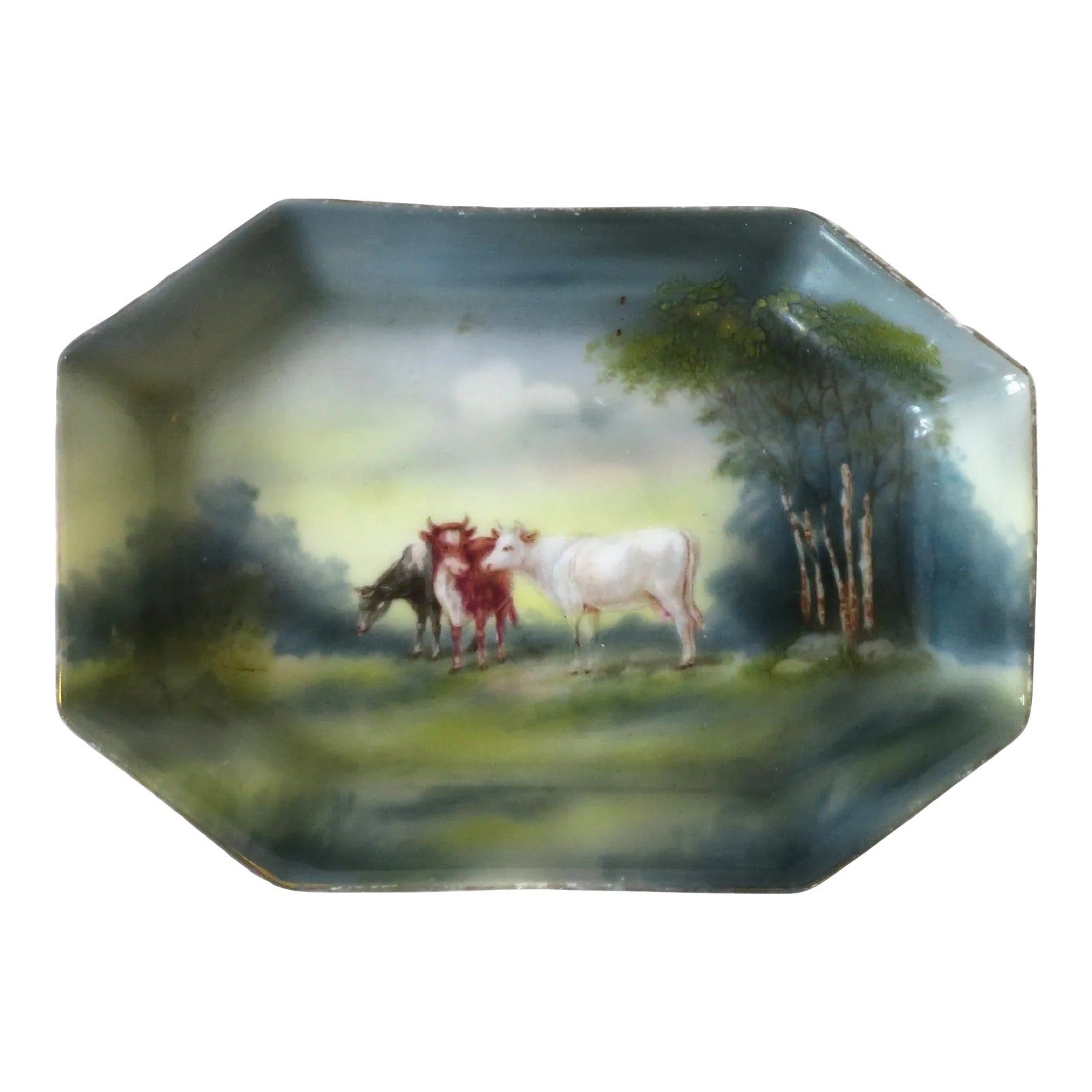 Rustic Farm Scene Bovine Cows Porcelain Jewelry Dish Early 20th