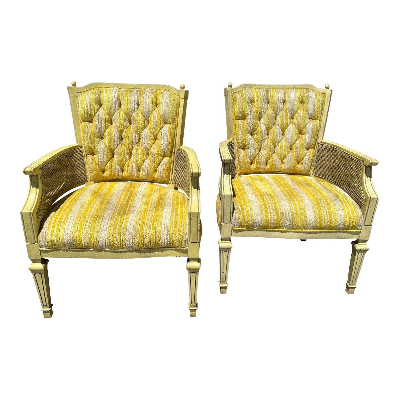 Vintage Yellow Tufted Arm Chairs-A Pair | Chairish