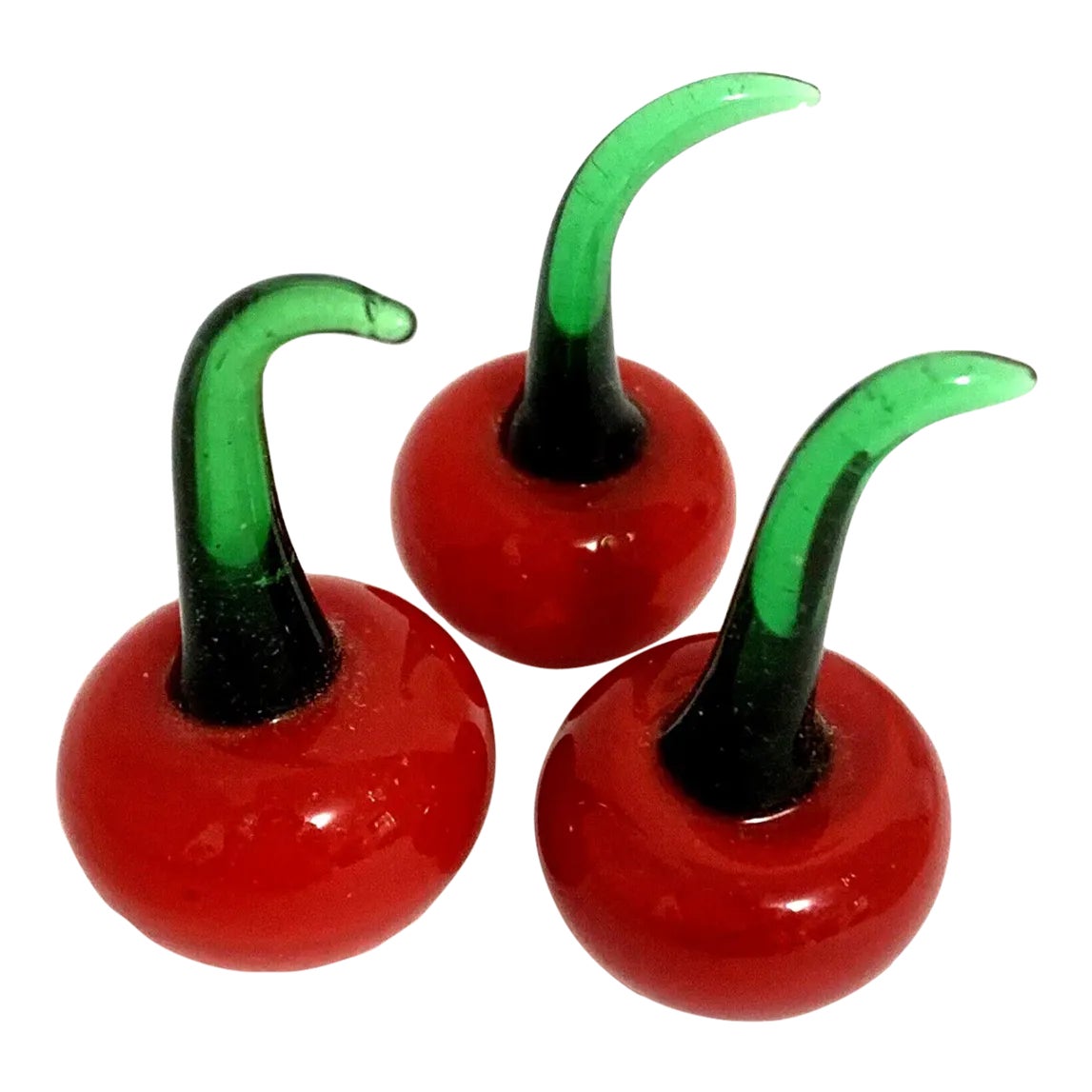 Murano Style Art Glass Cherries With Green Stems- Set of 3 | Chairish