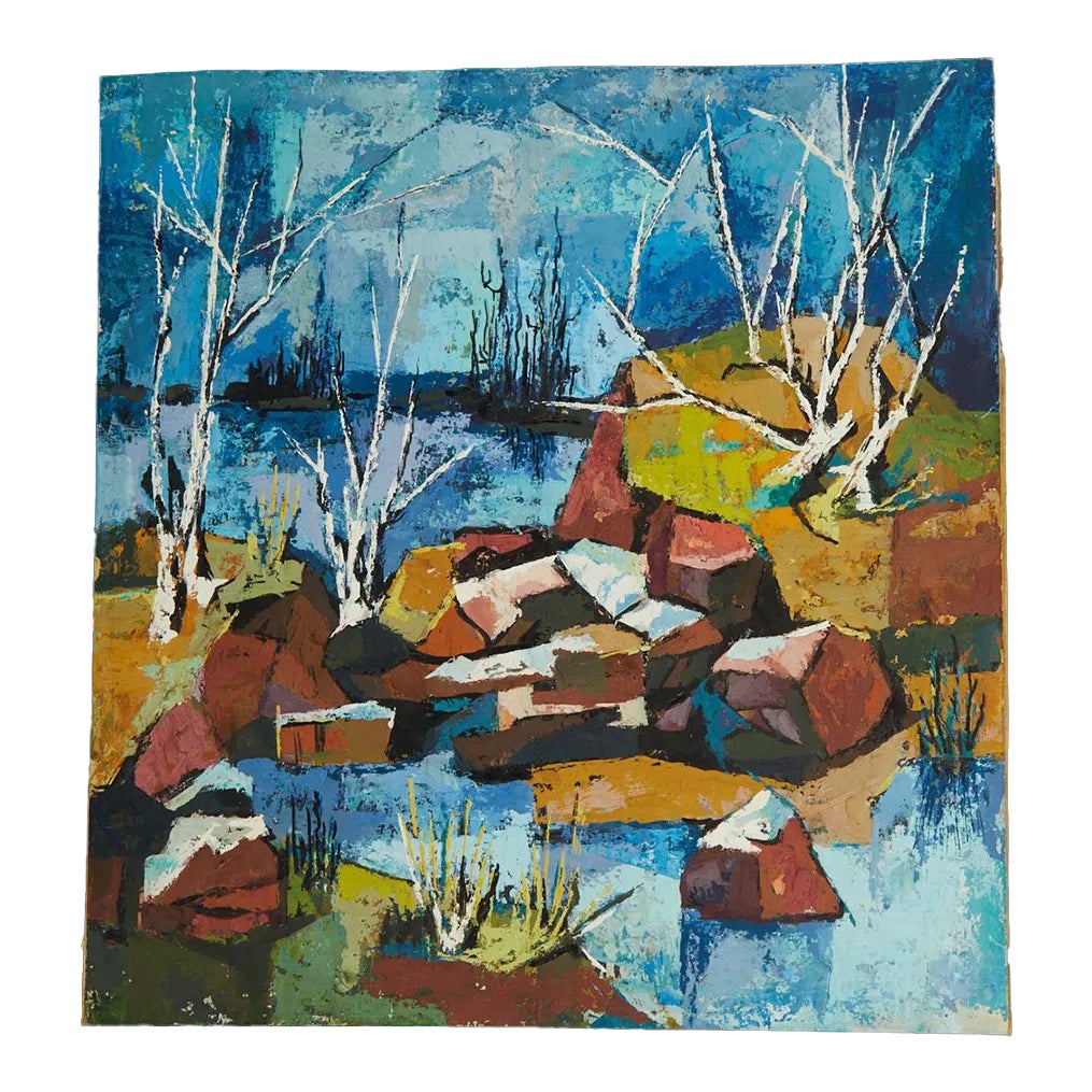 MCM Abstract Landscape Acrylic Painting on Mat Board Cubism | Chairish