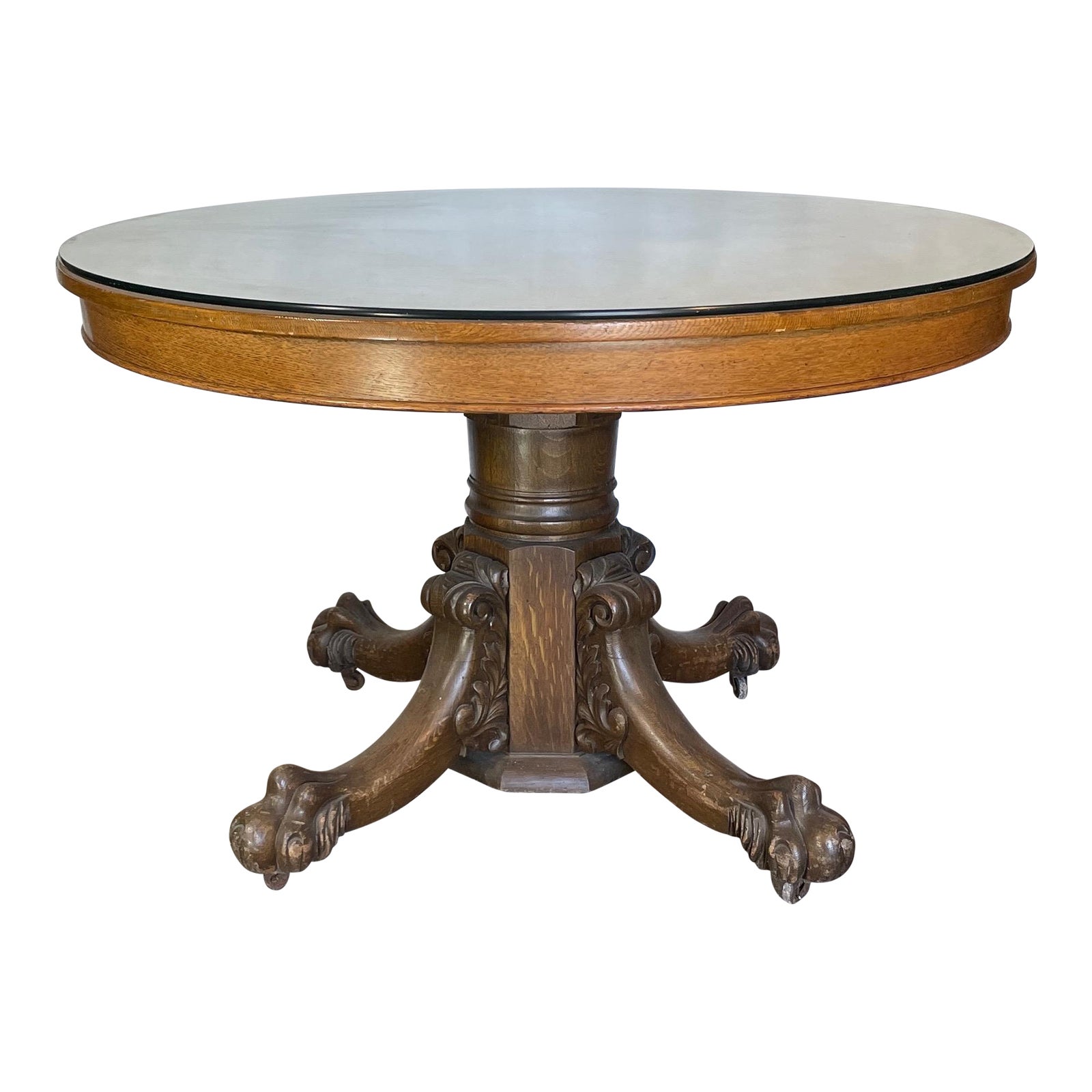 1890 Single Pedestal Solid Oak Round Table With Lion’s Paw Feet | Chairish