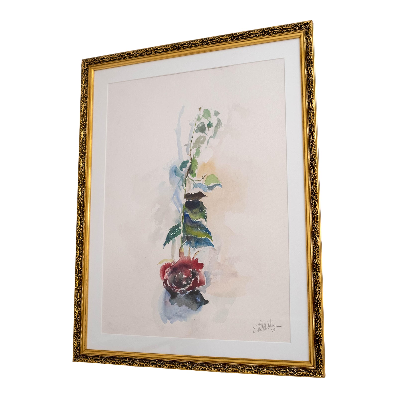Abstract Single Red Rose Watercolor Painting Signed | Chairish
