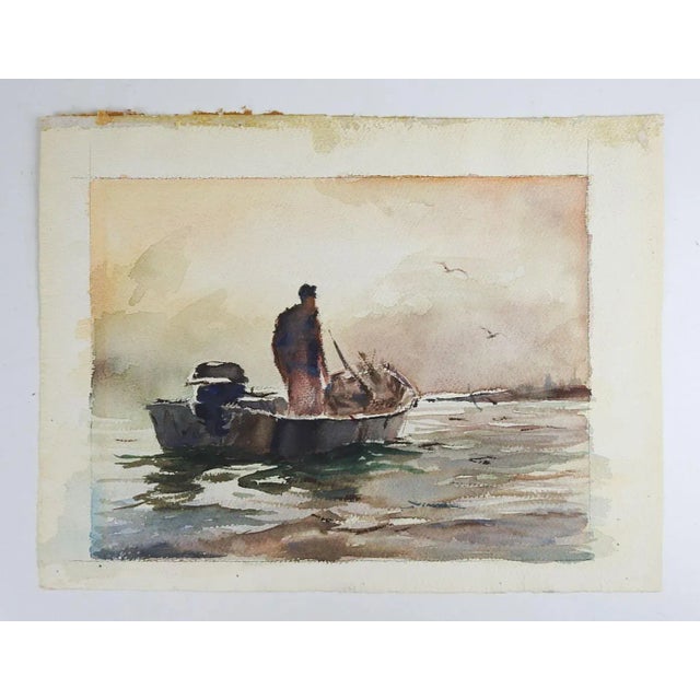 Vintage Impressionist Lone Fisherman on Lake Watercolor Painting | Chairish