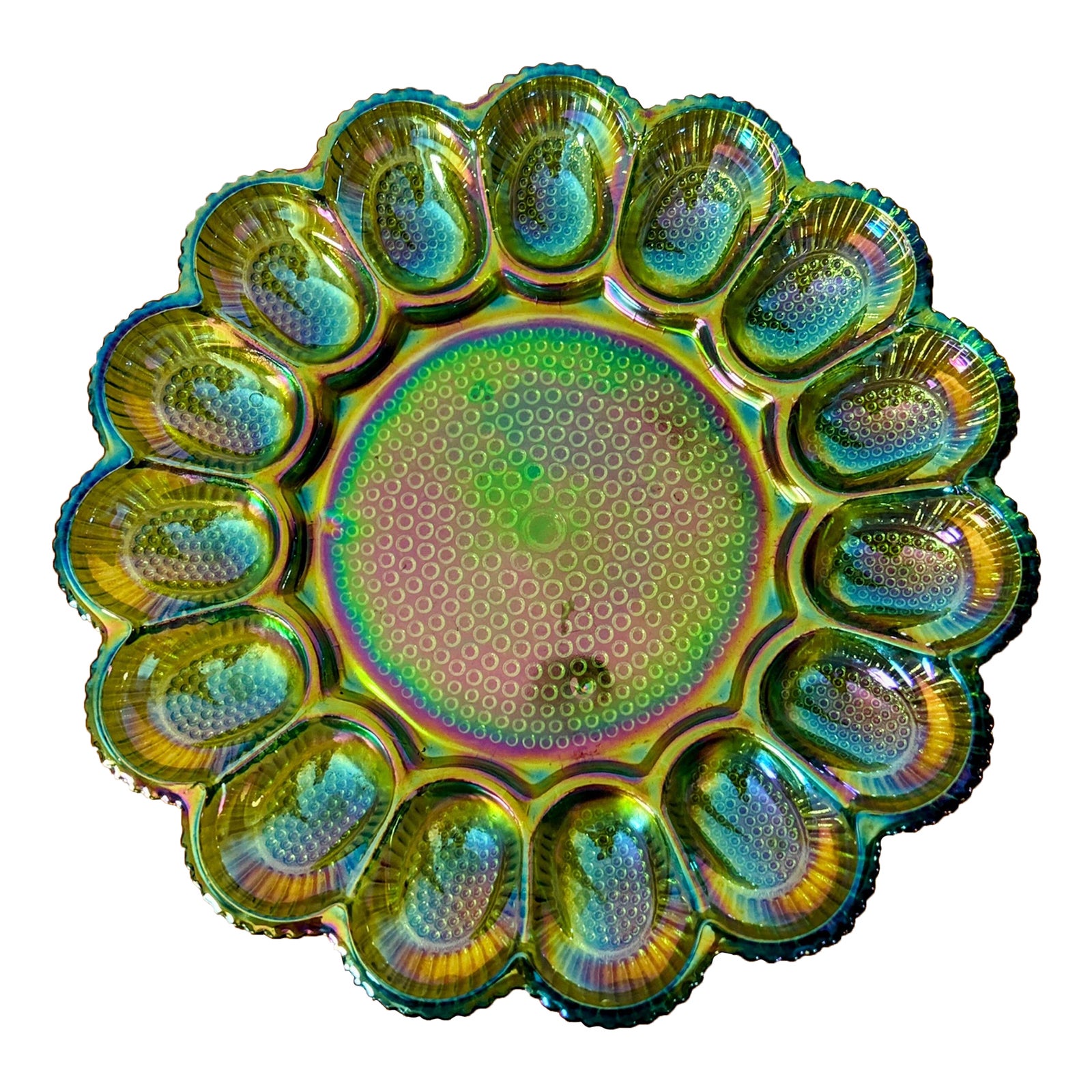 Midcentury Vintage Green Carnival Glass Deviled Egg Platter - Indiana ...