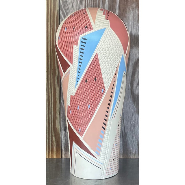 Vintage Post Modern Signed Hand Painted Tall Vase | Chairish