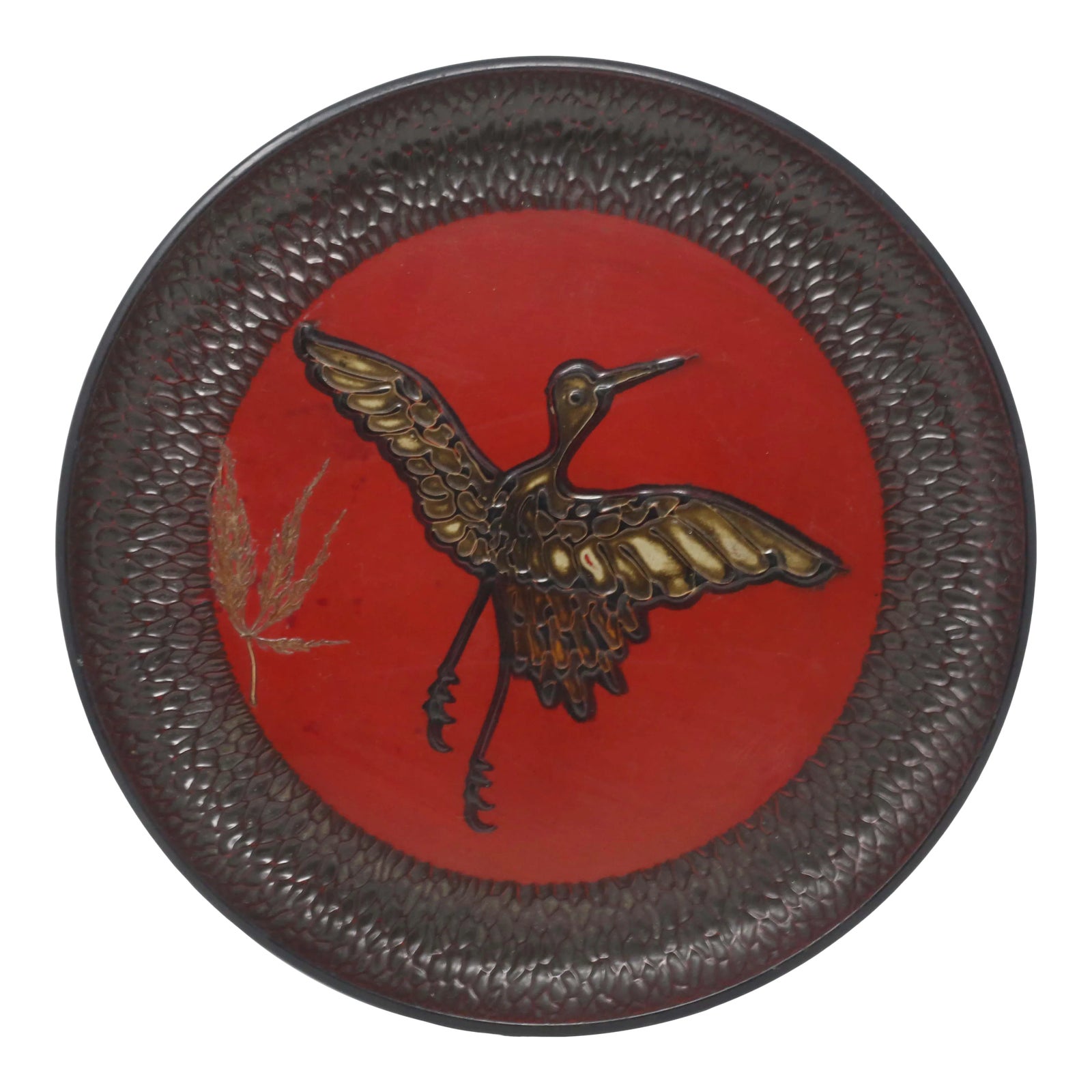 Vintage Japanese 13" Lacquered Crane Tray | Chairish