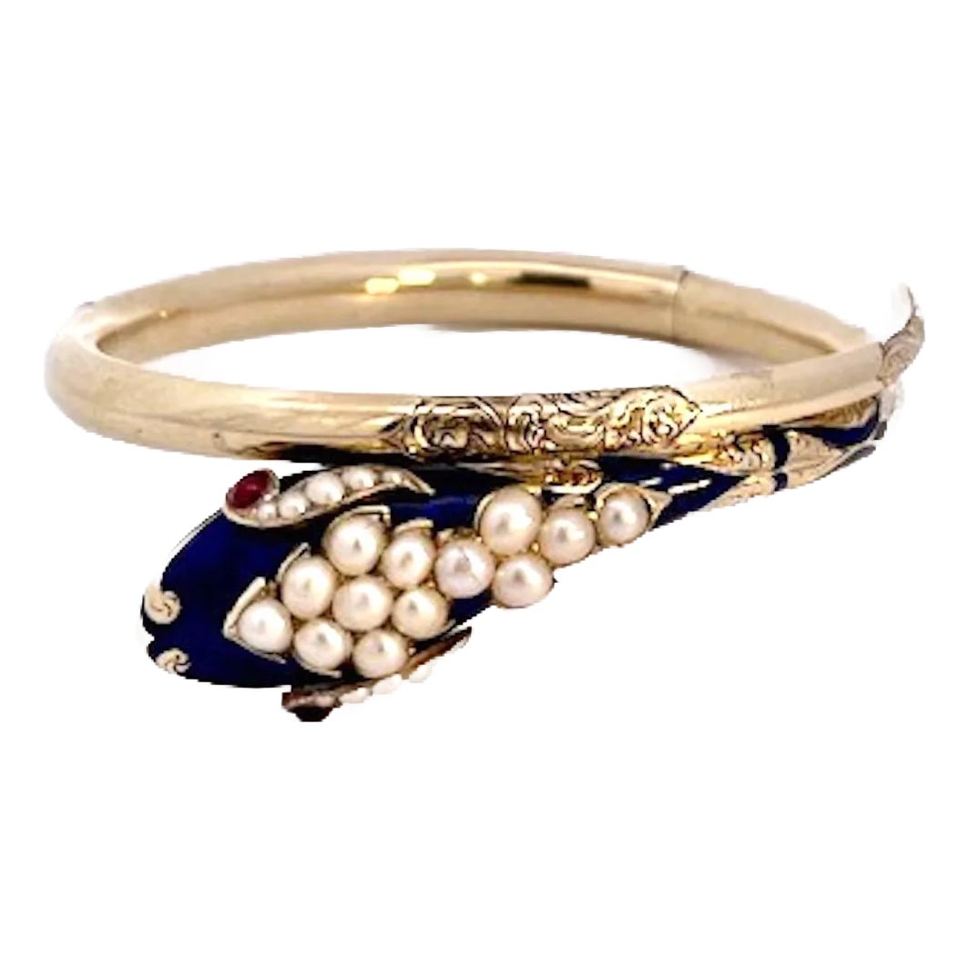 Late 19th Century 14k Cobalt Blue Enamel Snake Bracelet With Pearls ...