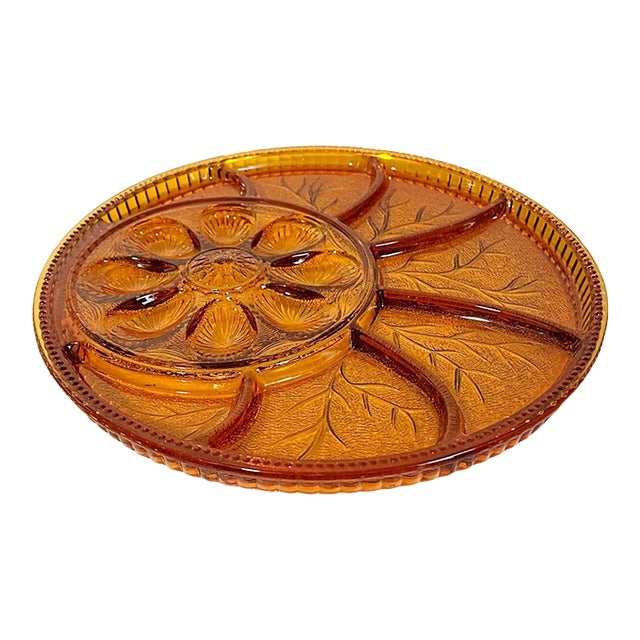 Vintage Mid Century Amber Glass Deviled Egg Relish Tray Dish Platter ...