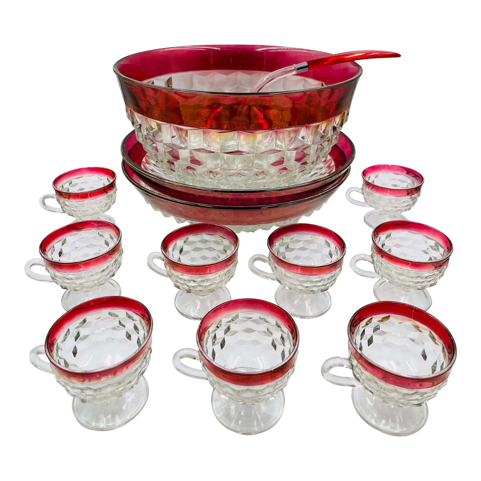 Mid 20th Century Ruby Red Diamond Point Punch Set- 13 Pieces | Chairish