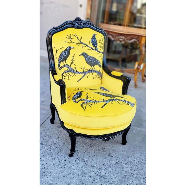 Gothic Raven Crow Yellow Velvet and Embroidery Armchair | Chairish