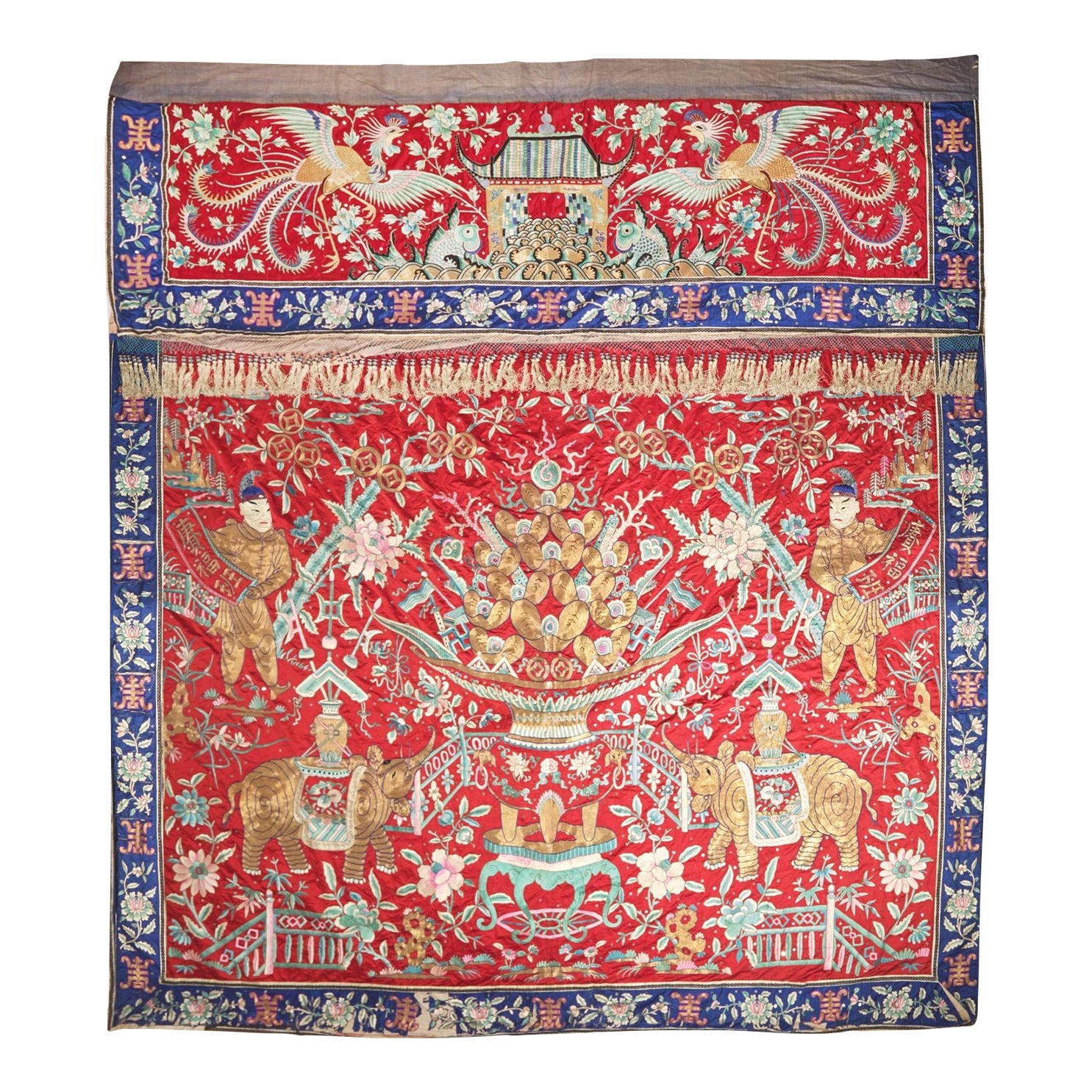 A Massive Chinese Red Ground Embroidered Silk Wall Panel, Late Qing ...
