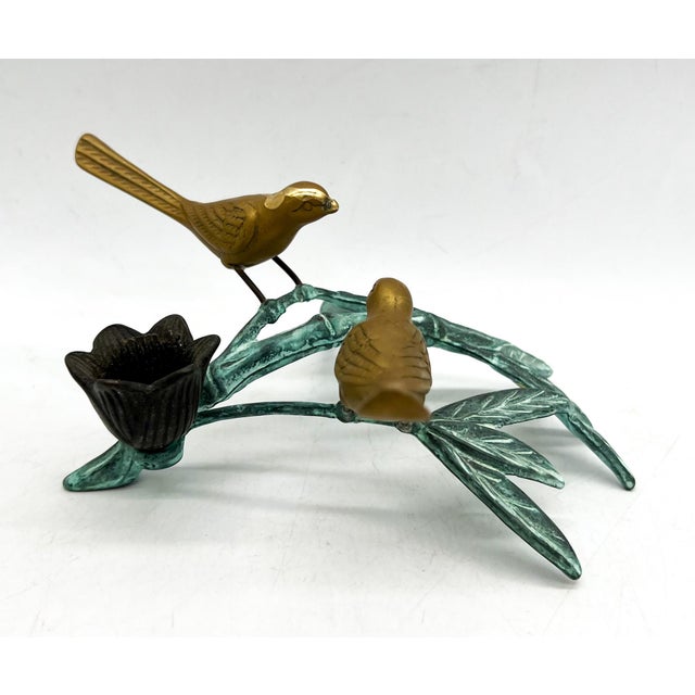 Vintage Verdigris Brass Birds on Bamboo Figurine and Flower Frog by ...