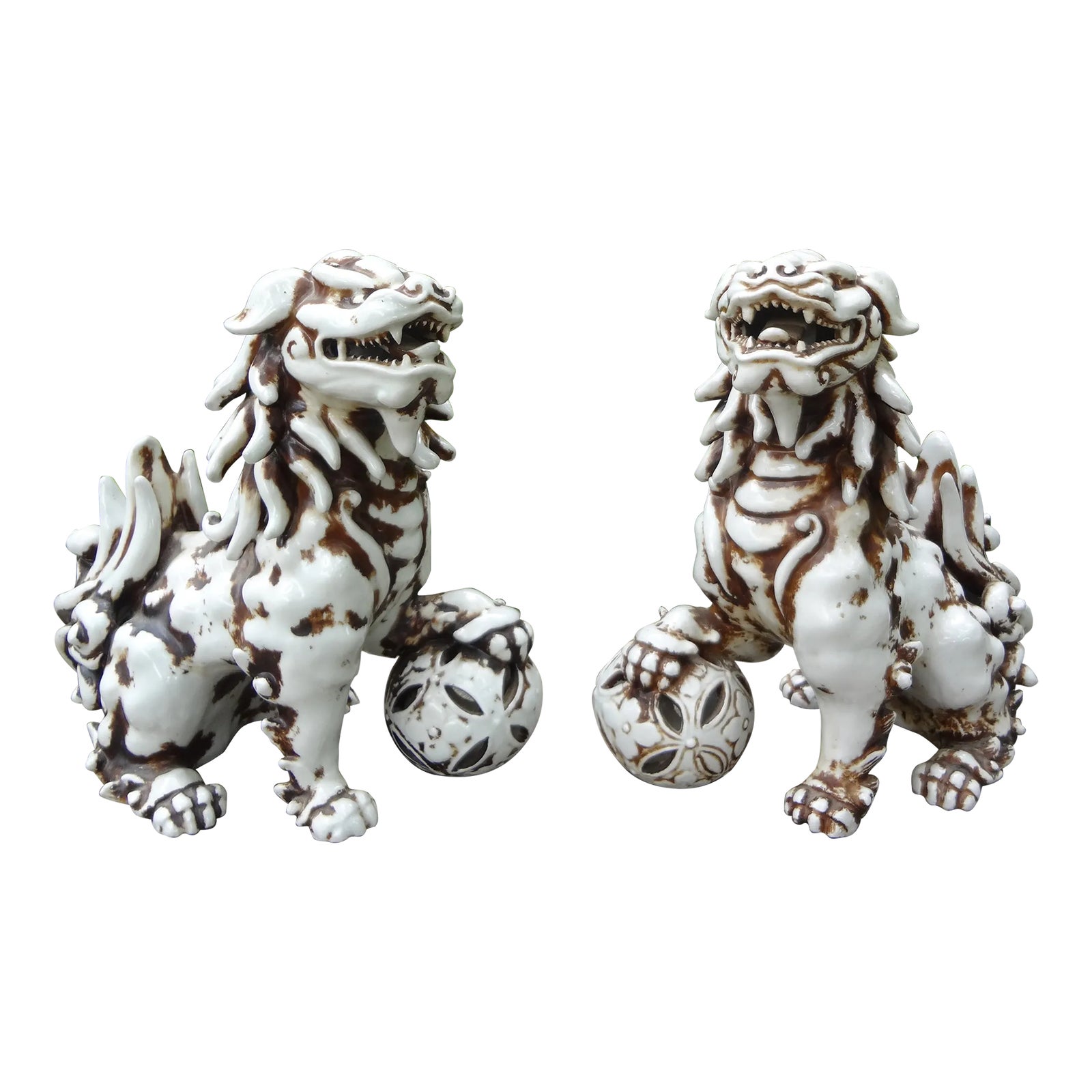 Mid 20th Century Pair of Chinese Glazed Ceramic Foo Dogs | Chairish