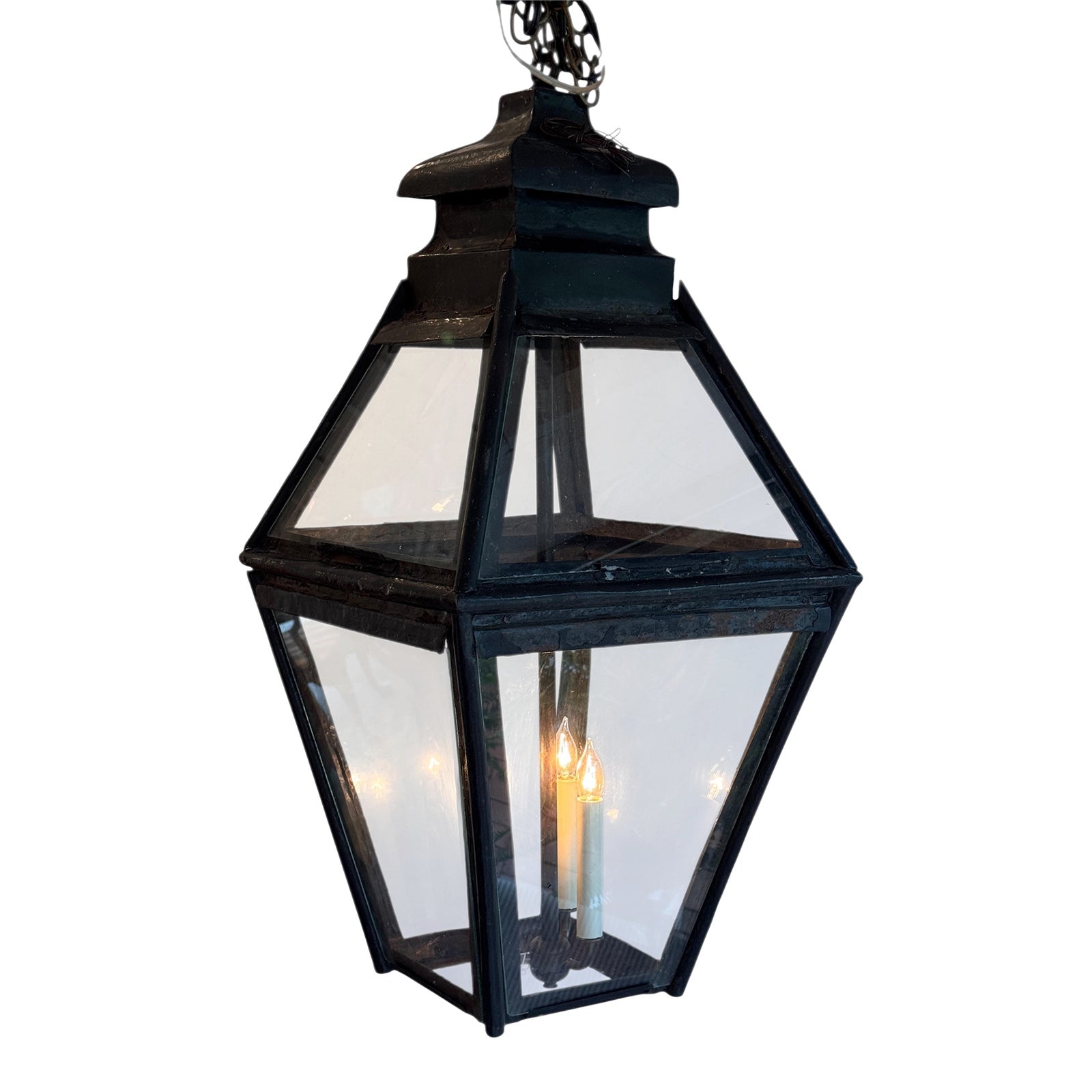 Large Black Tapered Lantern With Clear Glass Panels | Chairish