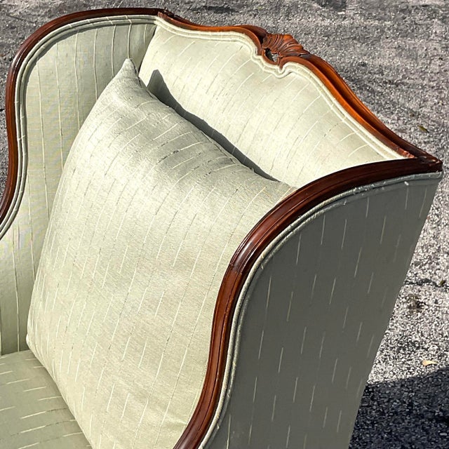 Vintage Wood Carved Sage Green Wingback Chair | Chairish