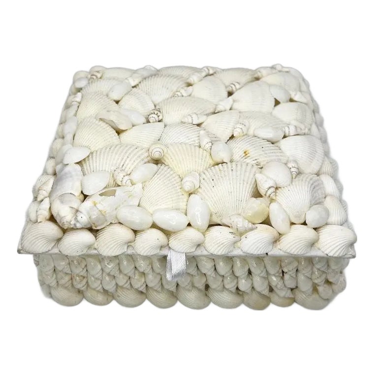 Vintage White Square Shell-Encrusted Trinket Box | Chairish