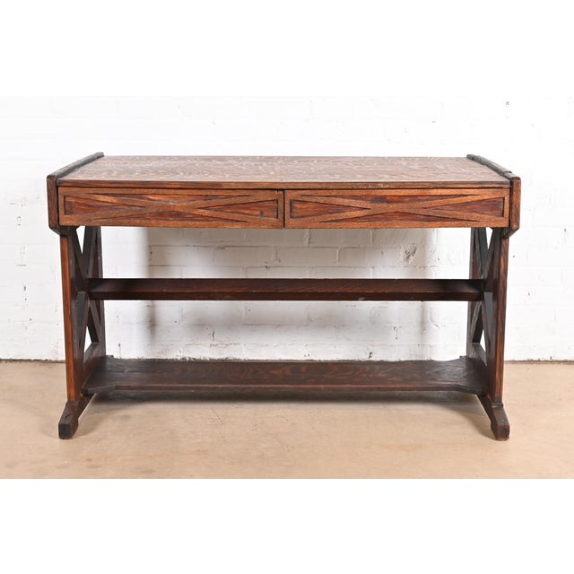 Limbert Style Antique Mission Tiger Oak Arts & Crafts Trestle Library ...