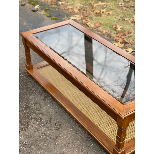 1950s Vintage Wood Two Tier Glass Top Coffee Table with Woven Jute Shelf Chairish