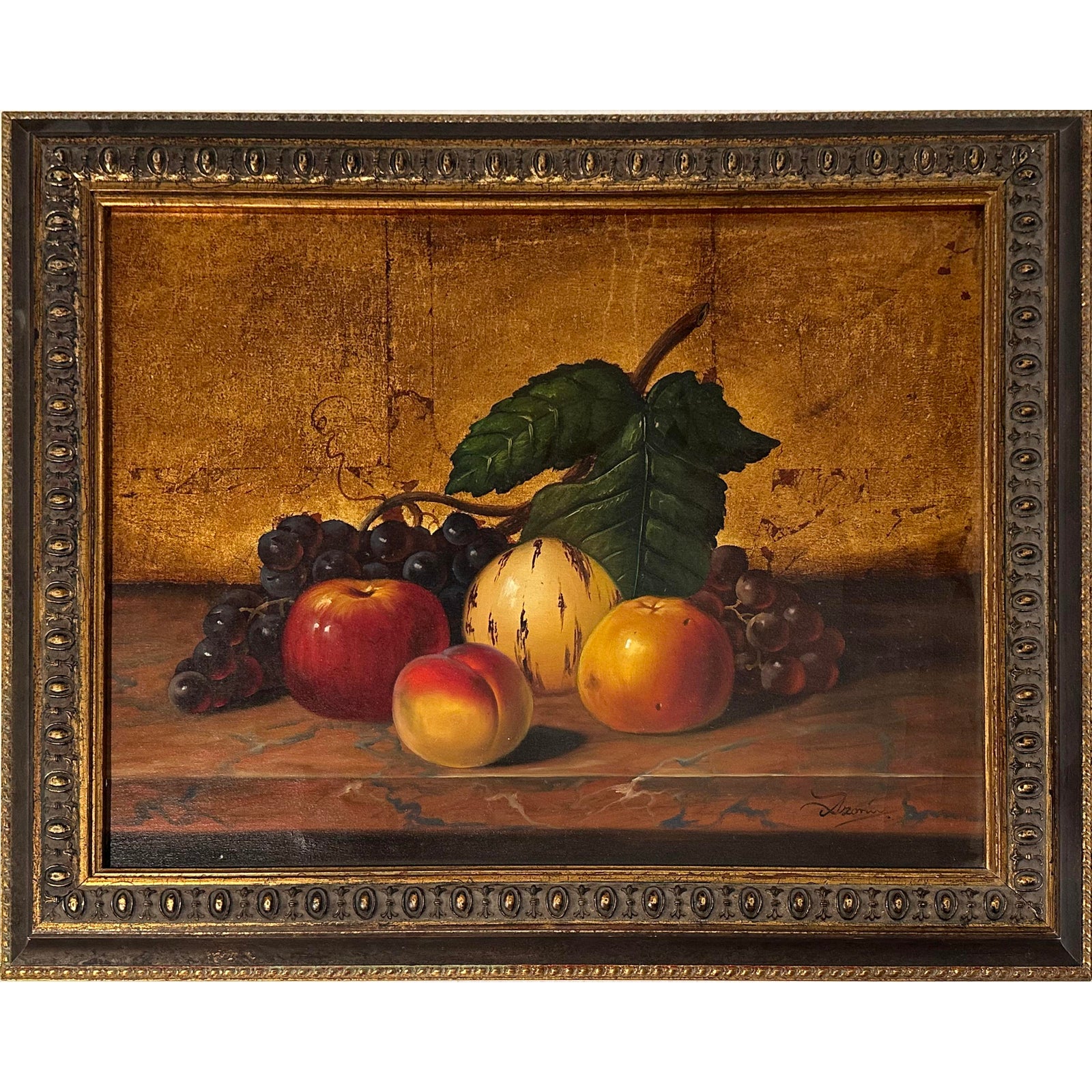 Framed Oil Painting With Fruit on Gold Background - “Untitled Still ...