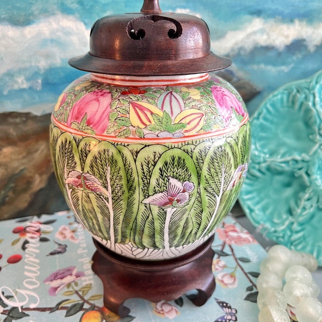 20th Century Chinoiserie Porcelain Bok Choy Ginger Jar With Wood Lid ...