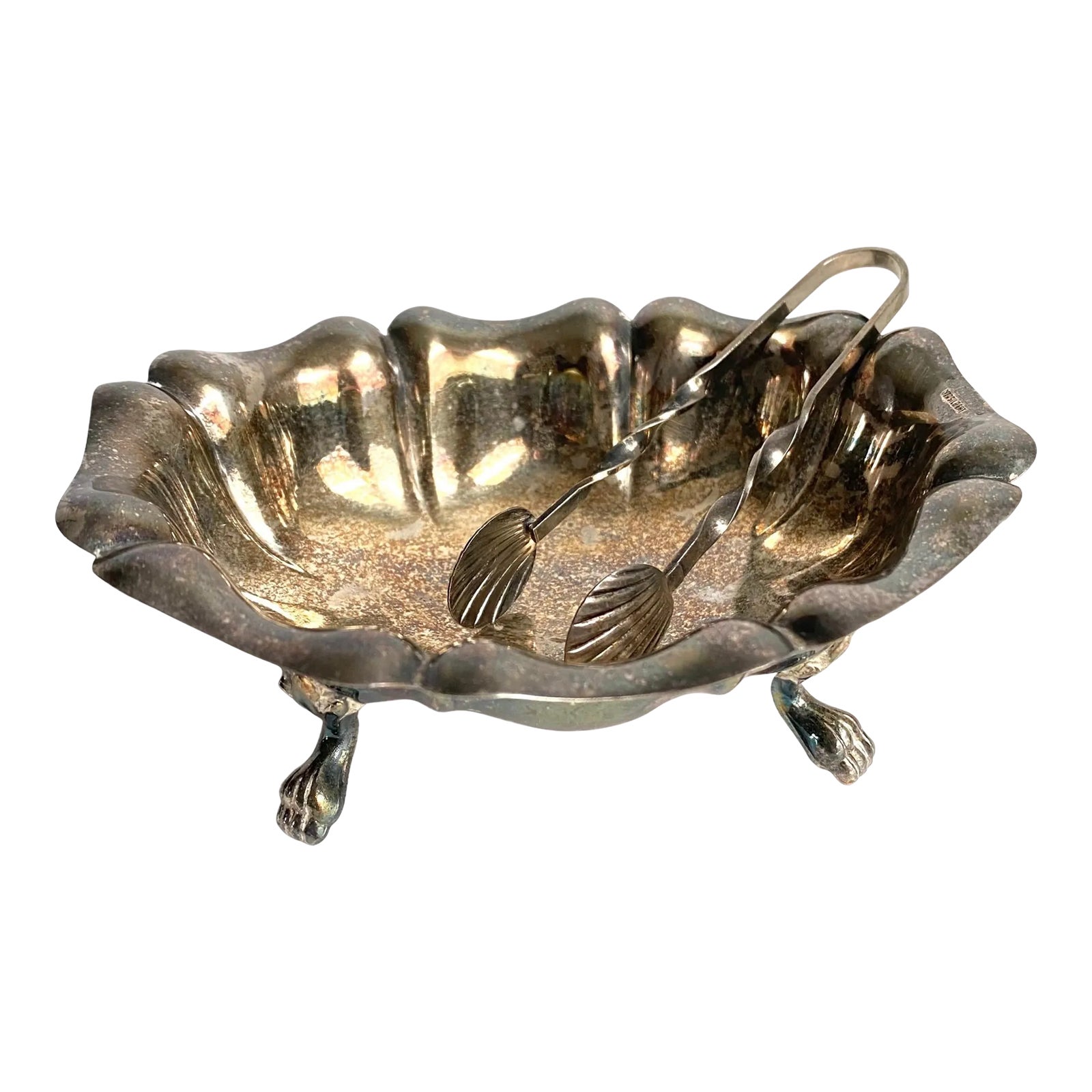 Vintage Footed Sugar Cube Bowl With Shell Tongs Silver Plated | Chairish
