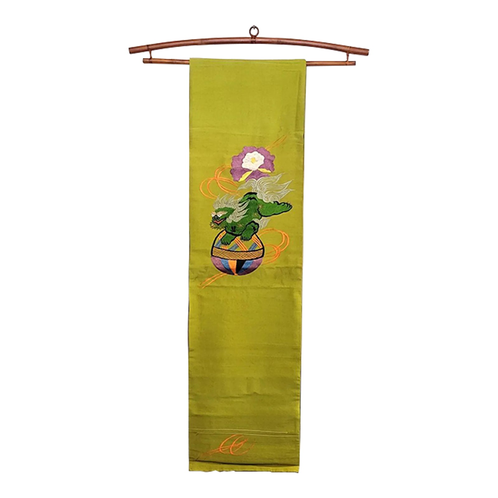 Japanese Shi Shi Foo Dog Embroidered Silk Table Runner Wall Hanging Obi ...