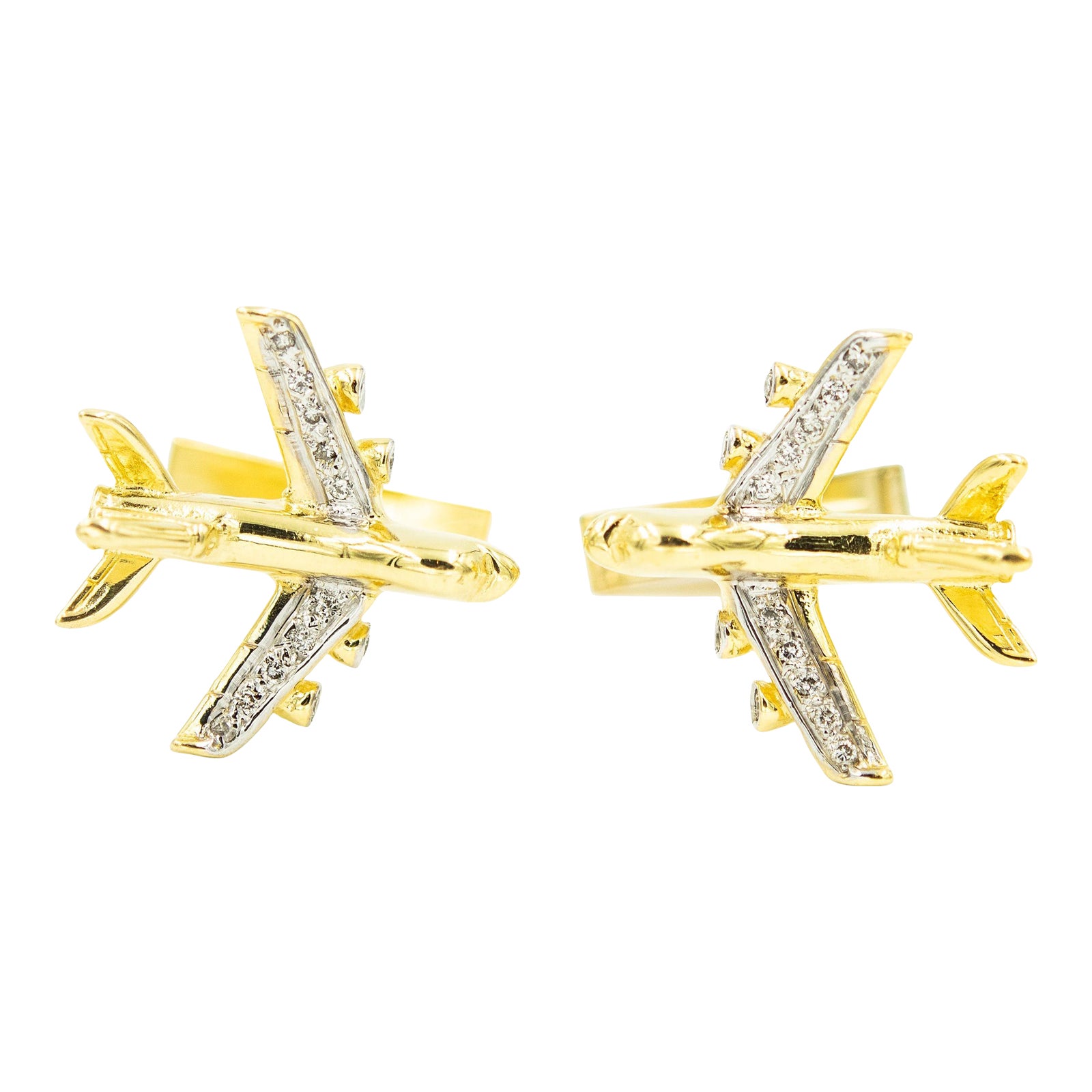 Airplane Plane Diamond Yellow Gold Cufflinks - 2 Pieces | Chairish
