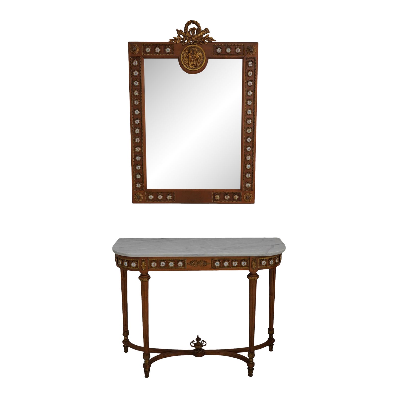 French Louis XVI Style Porcelain Plaque Console & Mirror | Chairish