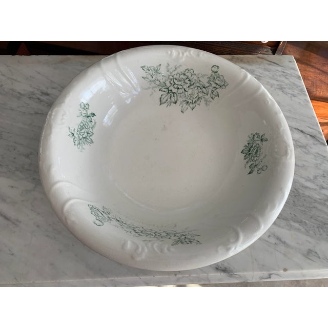 Antique Primitive Ironstone Large Bowl Green Transferware | Chairish