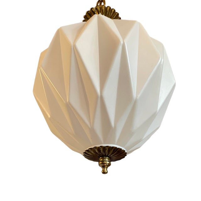 Vintage 3 Dimensional Diamond Pattern White Glass Pendant Ceiling Light | Chairish