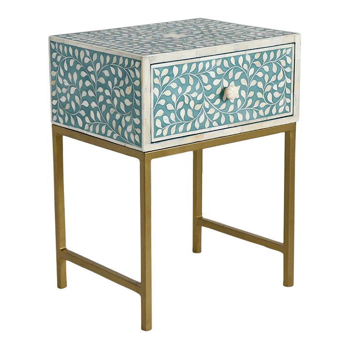 Turquoise Bone Inlay Bedside Table | Chairish