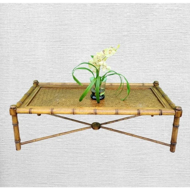 Vintage Wood Faux Bamboo Regency Rectangular Brown Weaved Top Coffee ...