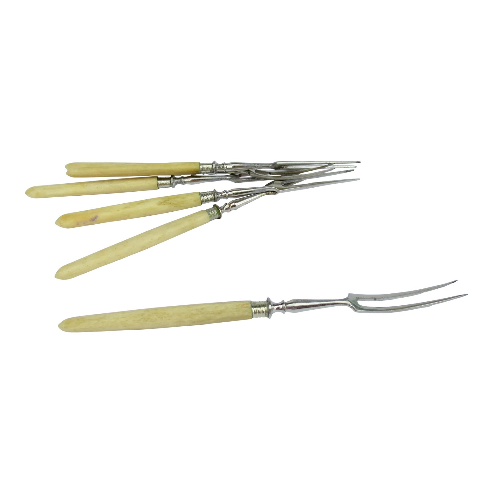 English Silver and Bone-Carved Handled Long 2-Pronged Forks for ...