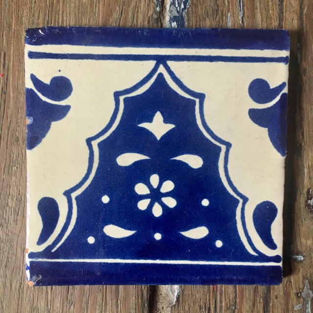 Hand Painted Blue + Ivory Border Terra Cotta Tile | Chairish