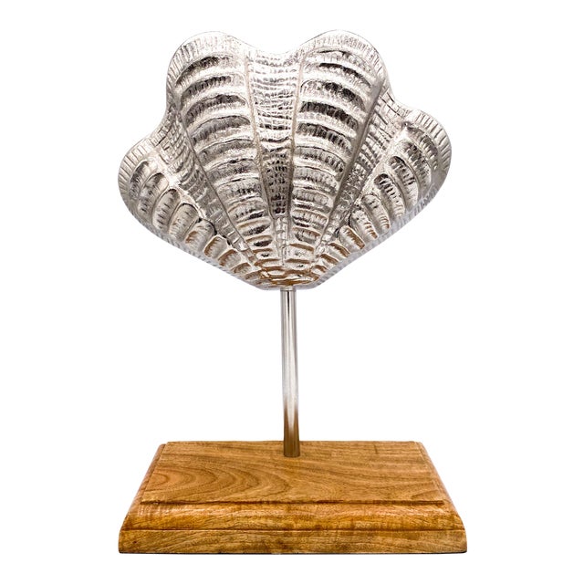 Contemporary Cast Aluminum Clam Sea Shell on Wood Stand | Chairish