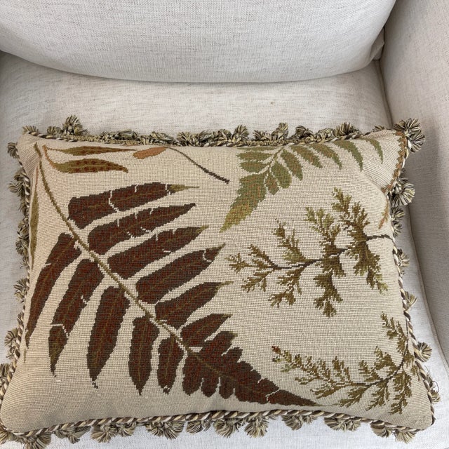 Mid 20th Century Needlepoint Fern Leaf Pillow | Chairish