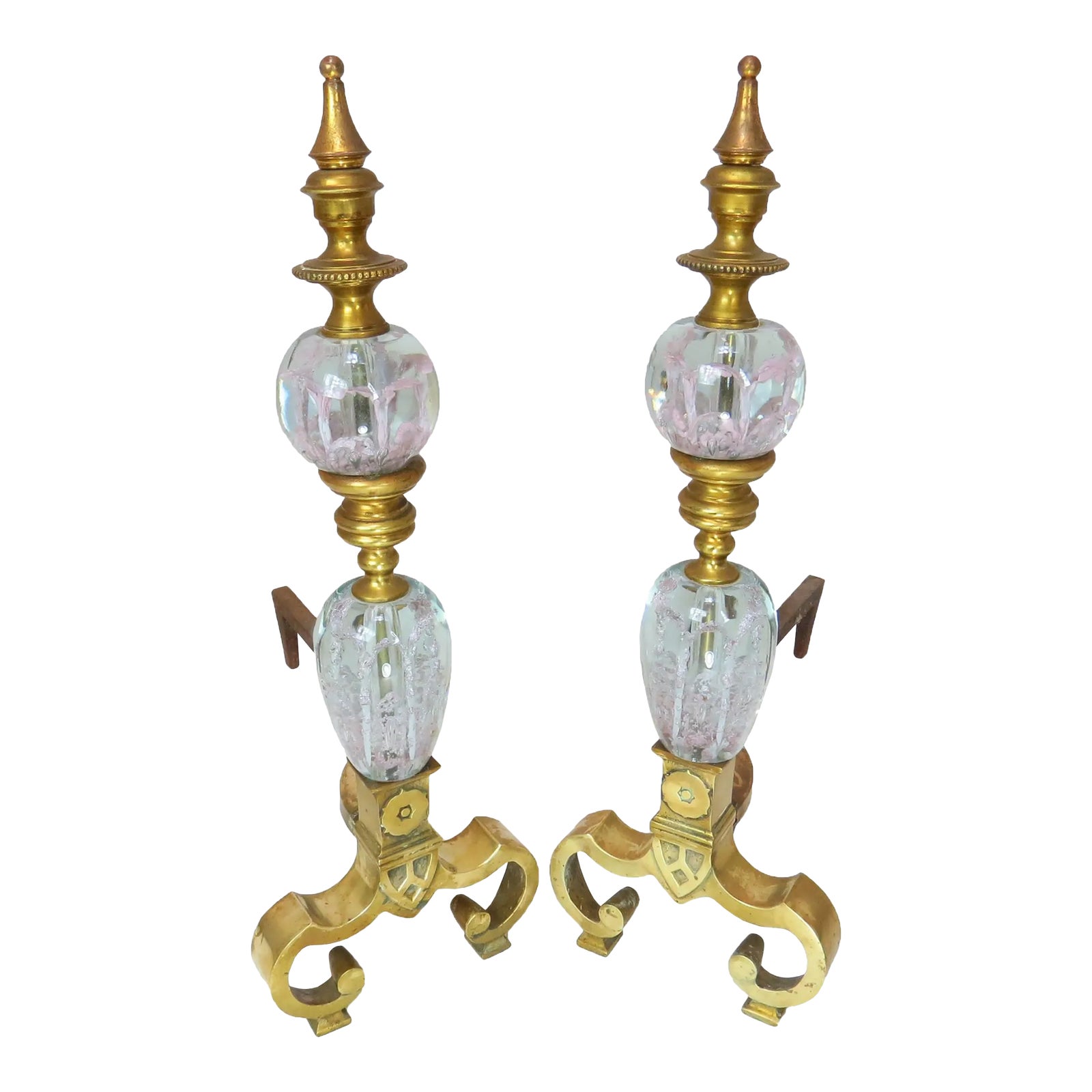 Vintage Polished Brass Andirons With St Clair Glass Globes Infused With ...
