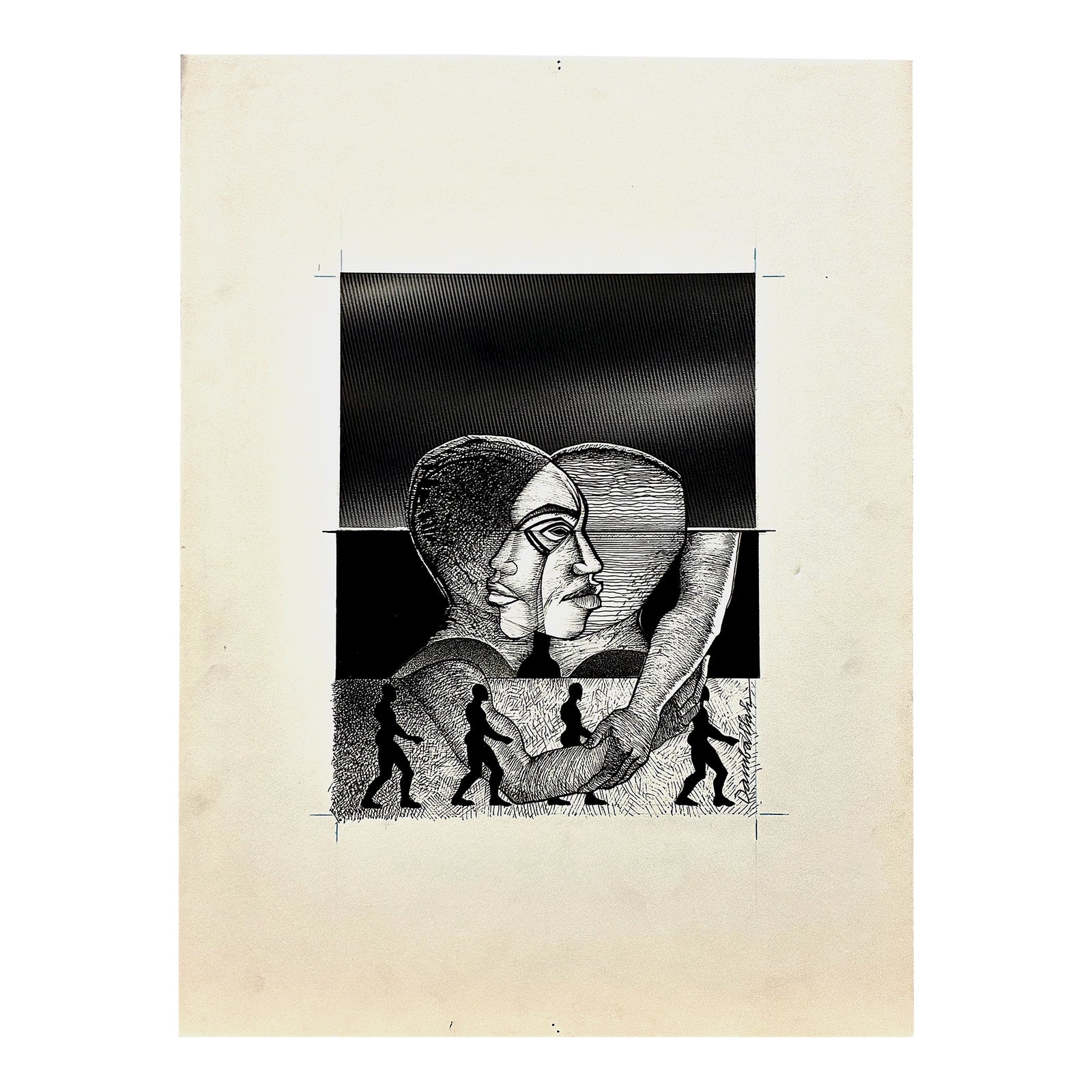 Two Men Embracing Pen and Ink Drawing by Damballah Dolphus Smith (1943 ...