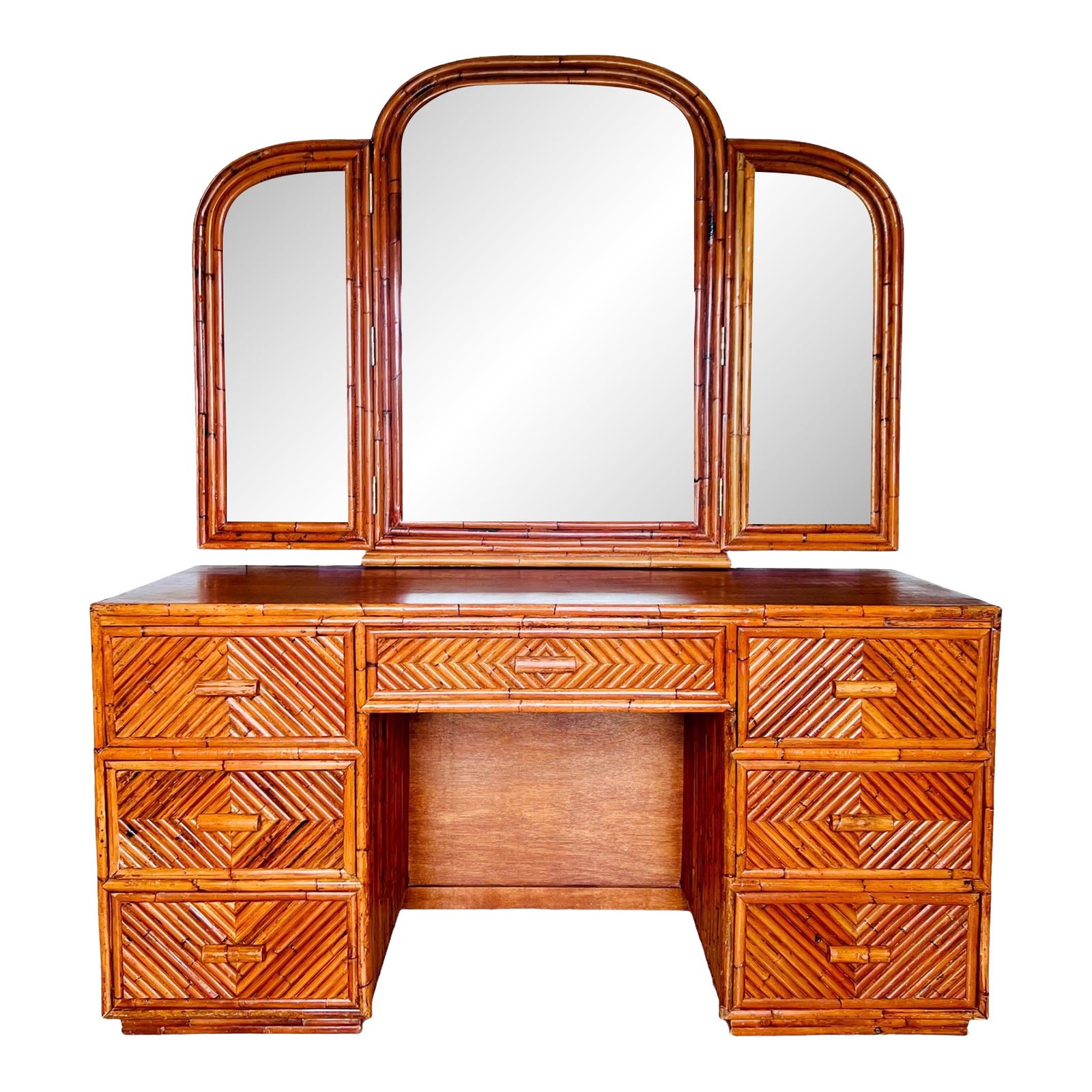 Vintage Hollywood Regency Split Reed Rattan Vanity | Chairish