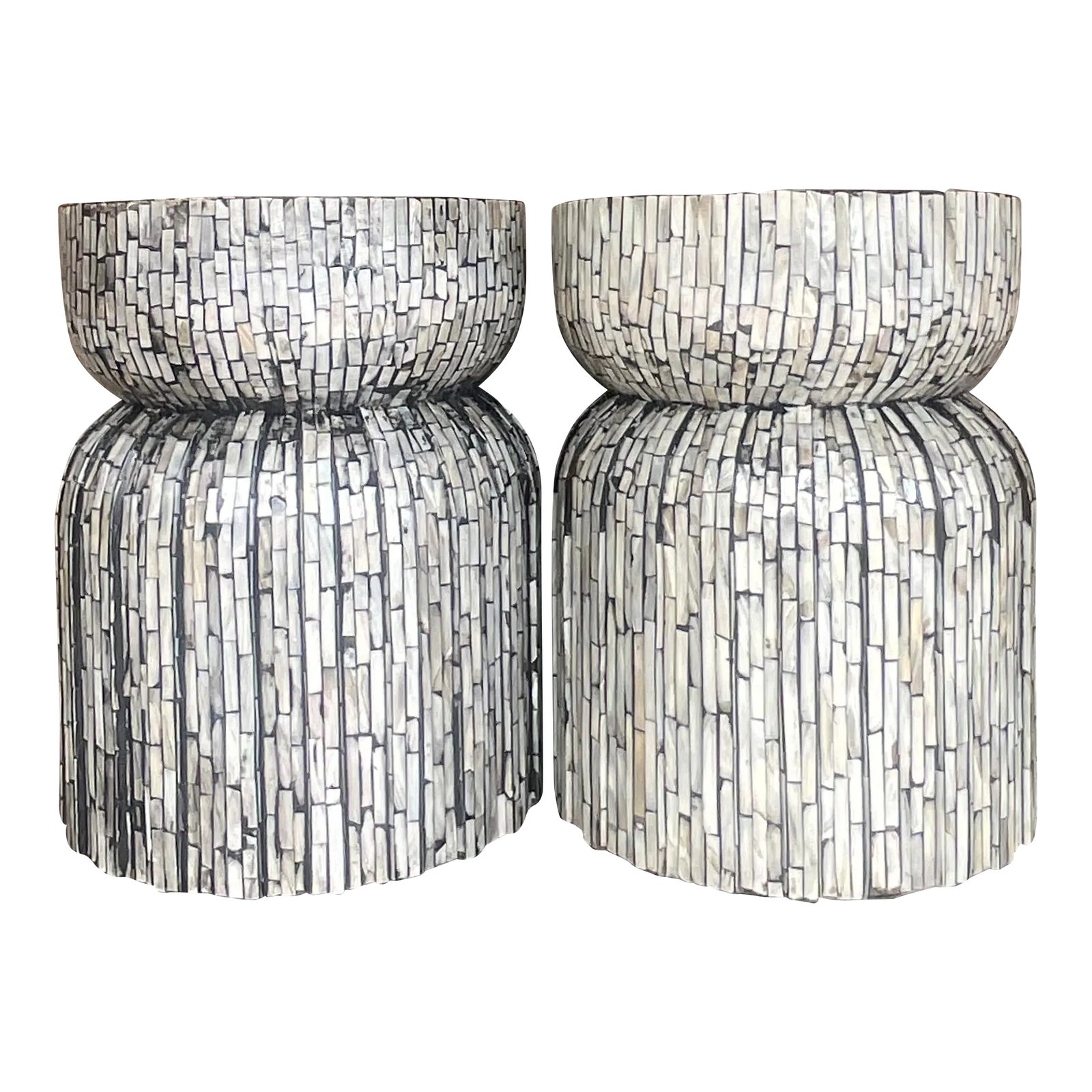 Vintage Boho Capiz Shell Low Stools - a Pair | Chairish