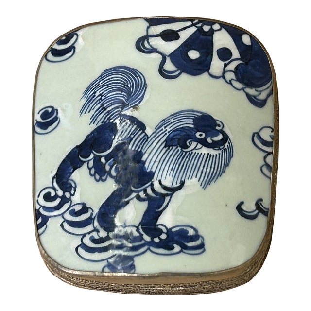 Chinese Old White Base Blue Foo Dog Graphic Porcelain Art Pewter Box ...