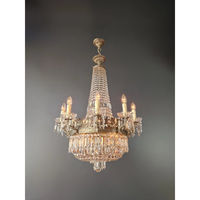 1910s Brass Lustre Art Nouveau Low Oval Plafonnier Crystal Chandelier ...